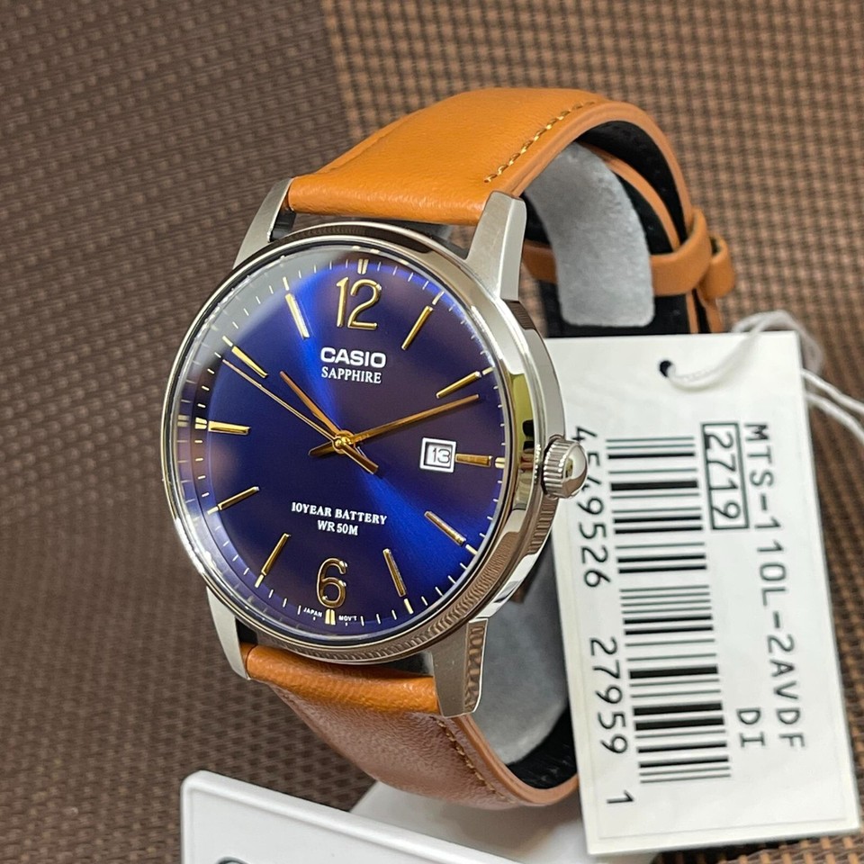 Casio MTS-110L-2A Blue Analog Sapphire Glass Analog Leather Men's ...