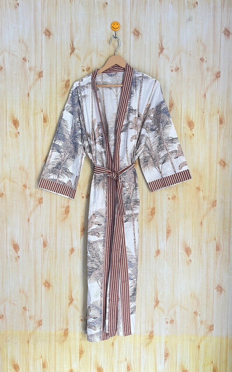 Indian Brown Palm Tree Striped Kimono Cotton Bridal Bath Robe Maxi ...