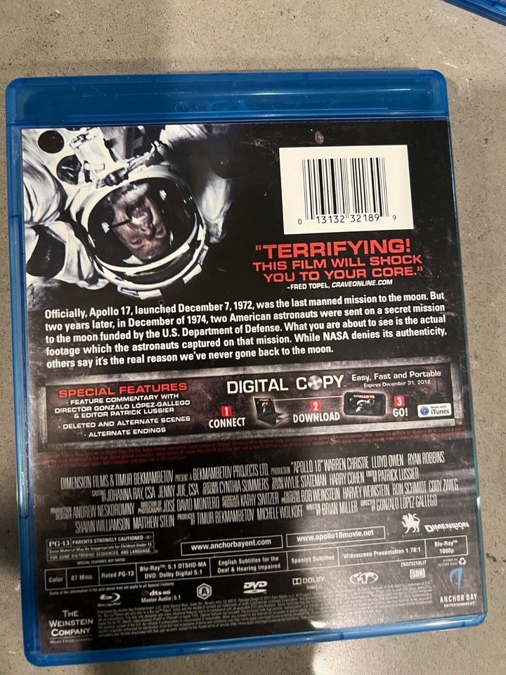 Apollo 18 Blu Ray DVD Combo Movie Sci-Fi Horror 2011 Very Good ...