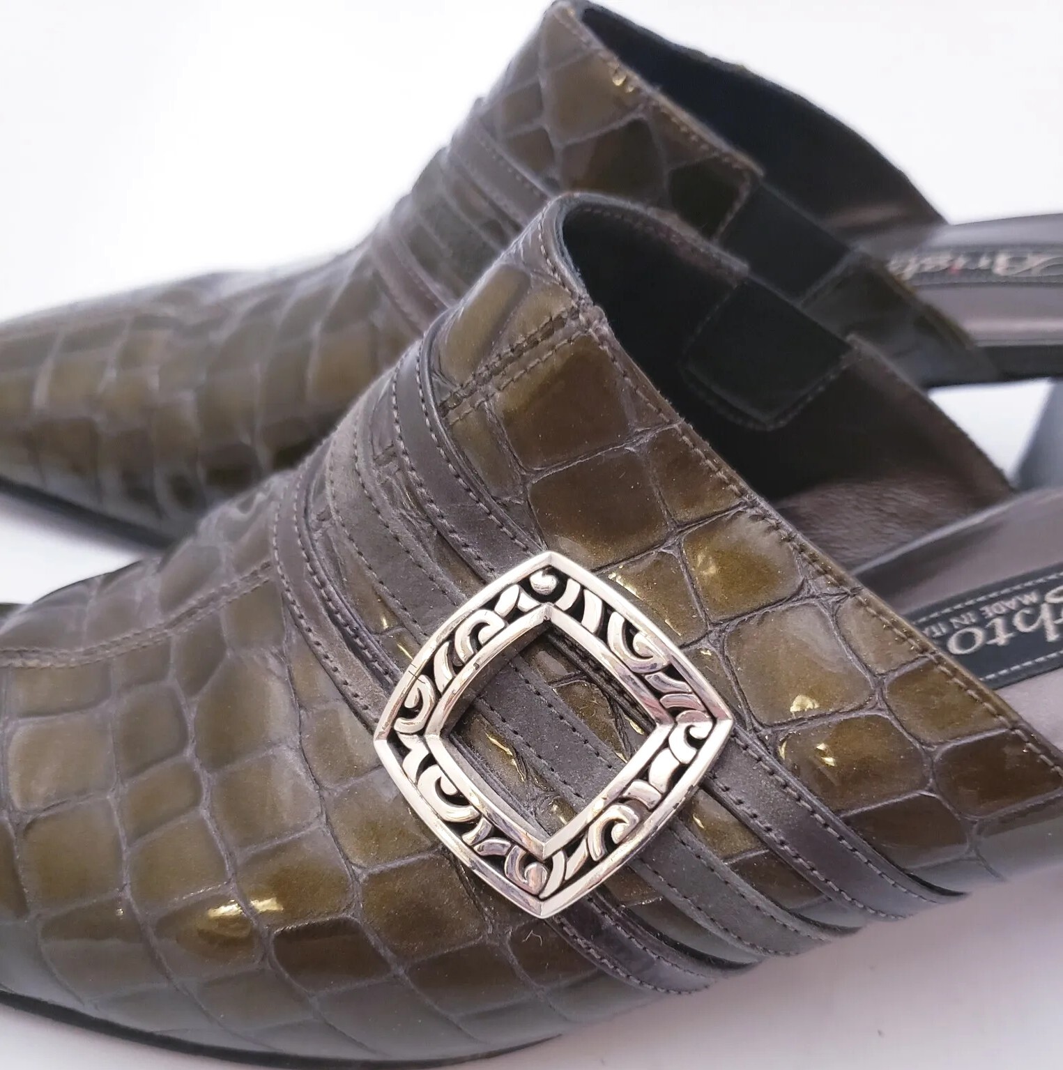 Brighton Tudor Olive Green Patent Leather Mules Shoes… - Gem