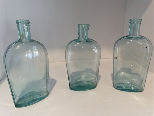3x Antique Strap Side Aqua Blue Glass Whiskey Flasks 8" tall Blob Top ...