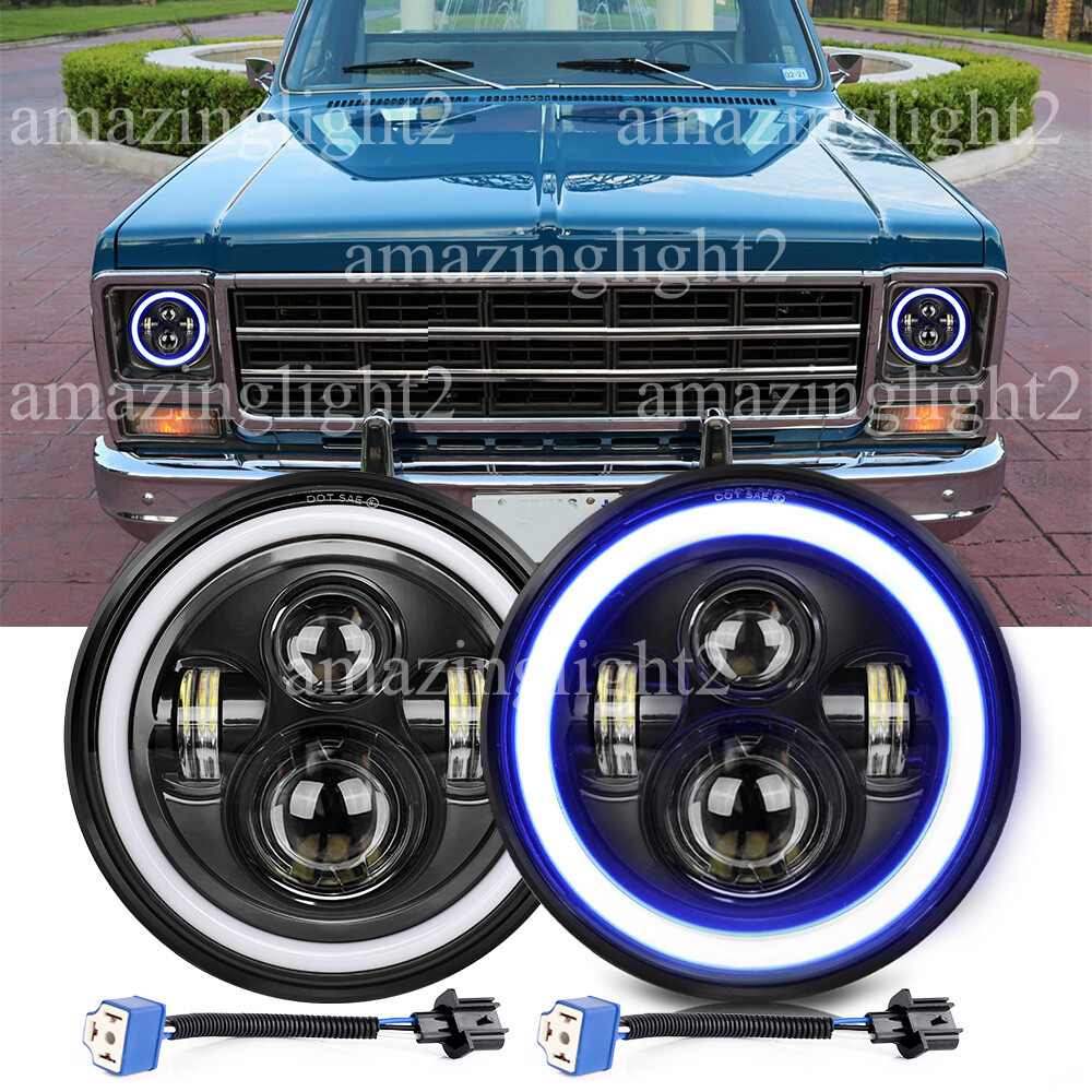 Pair 7" Blue Halo LED Headlights Hi/Lo Beam Fit Chevy C10 1975 1976 ...