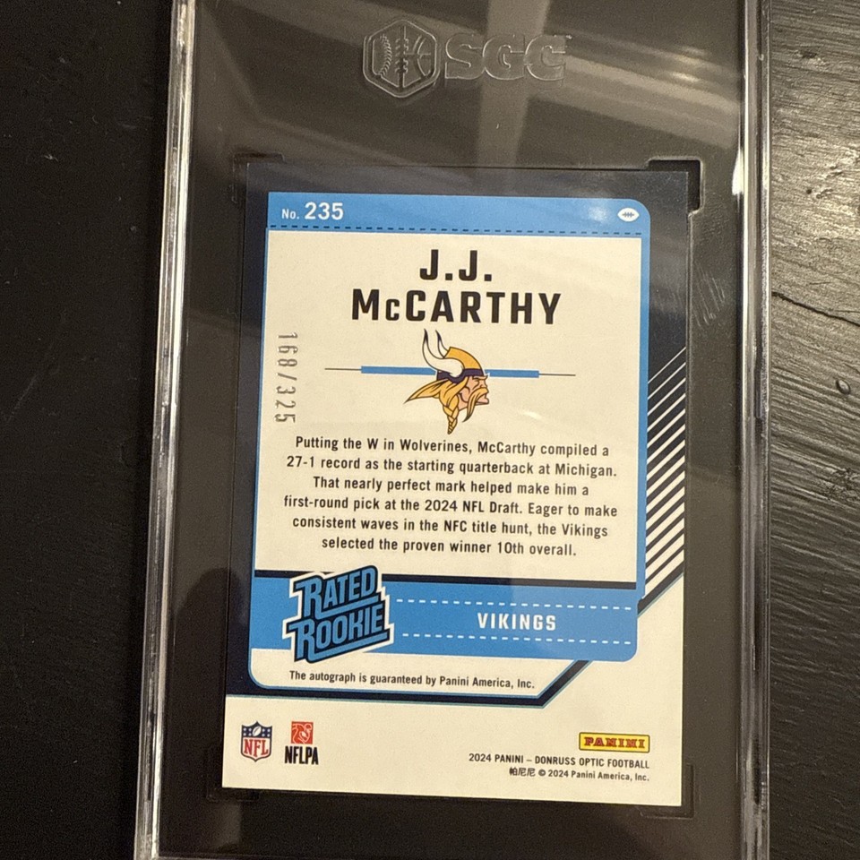 JJ McCarthy AU SN/325 SGC 9 MT/10 Auto 2024 Donruss Optic #235 ...