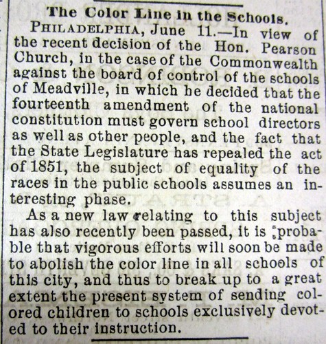 1881 newspaper PENNSYLVANIA COURT RULES AGAINST SCHOOL SEGREGATION ...