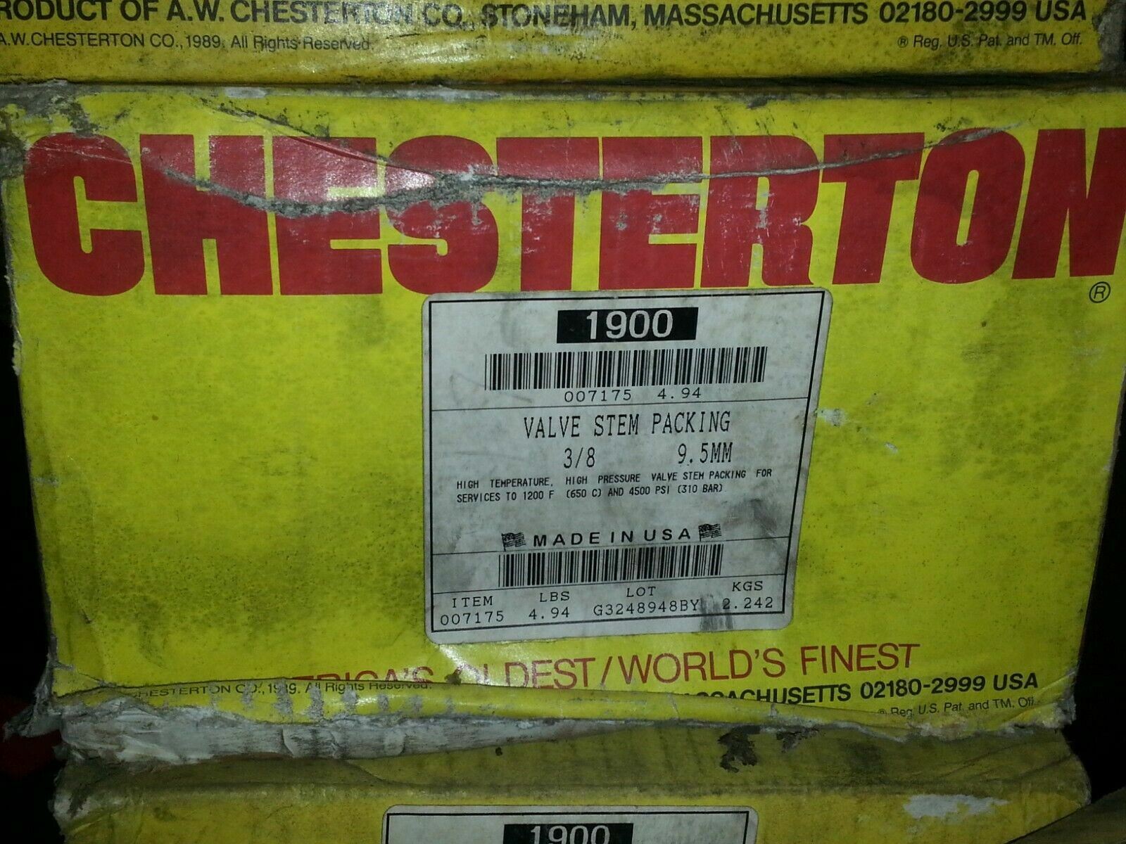 CHESTERTON 1900 3/8 9.5MM 007175 4.94LBS VALVE STEM PACKING | eBay