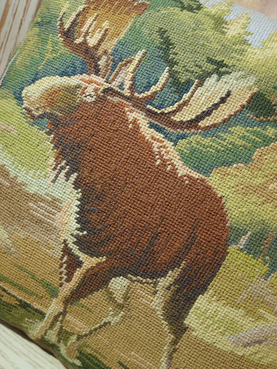 18" Beautiful Tapestry Needlepoint Throw Pillow Cushion Moose Fall ...