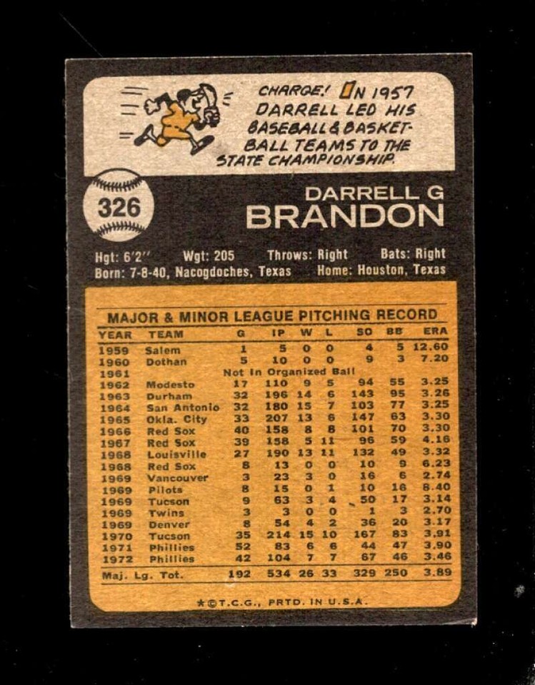 1973 TOPPS #326 DARRELL BRANDON VGEX PHILLIES *PS4697 | eBay