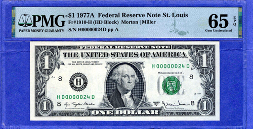 LOW TWO (2) DIGIT FANCY # 00000024 PMG 65 EPQ GEM UNCIRCULATED $1 / non ...