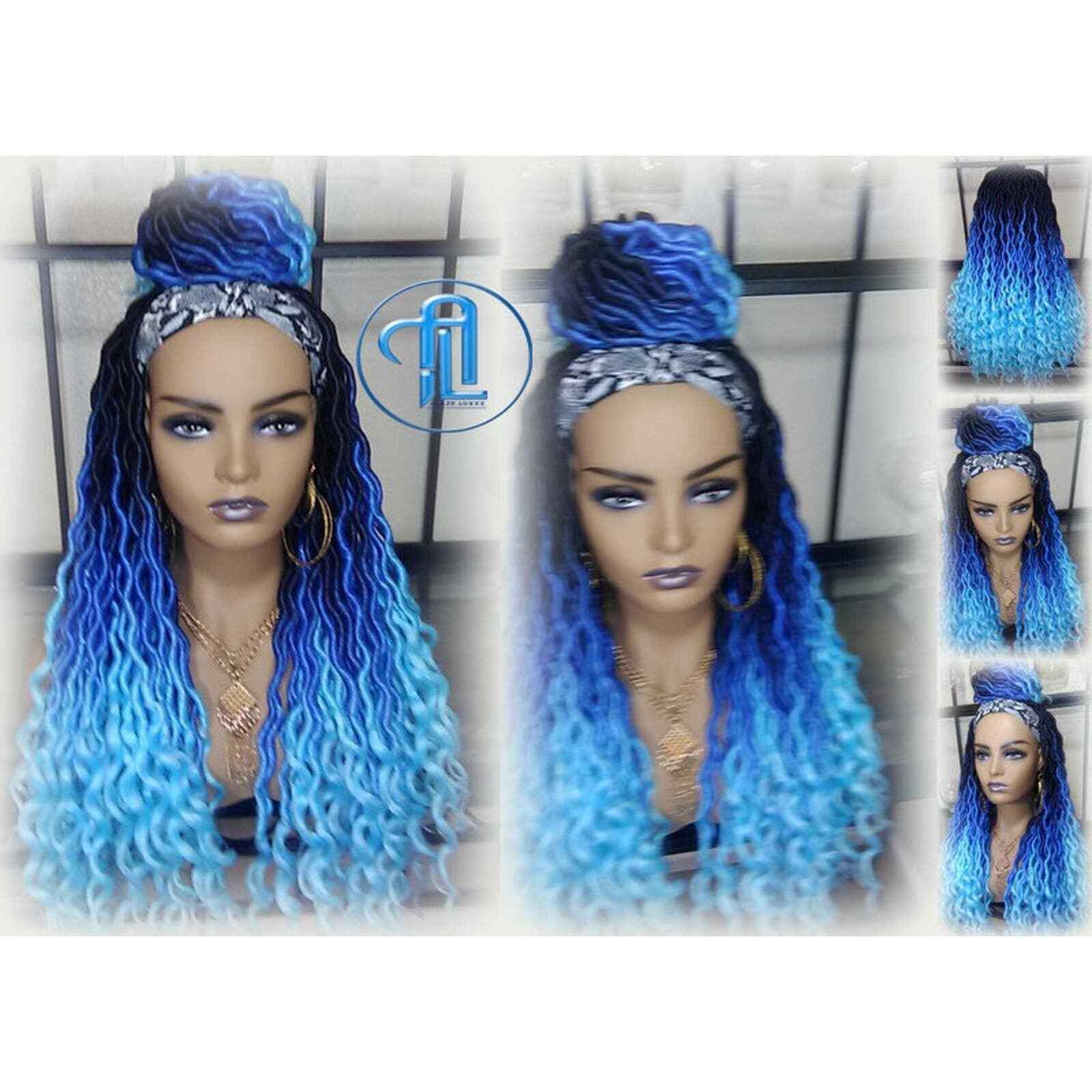 Headband Dreadlock Wig Mermaid Blue Ombre gradient Goddess Faux Locs ...