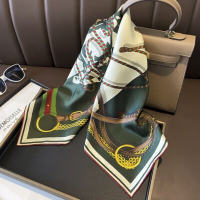 Pure Twill Silk Shawl Scarf Chain Print Hand Rolled Collar Necktie 70cm ...