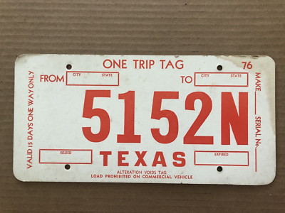 Vintage 1976 TEXAS One Trip Temporary Tag Cardboard License Plate 5152N ...