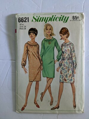 1966Vintage SIMPLICITY 6621 Misses' One Piece Dress Miss Size 14 Bust ...