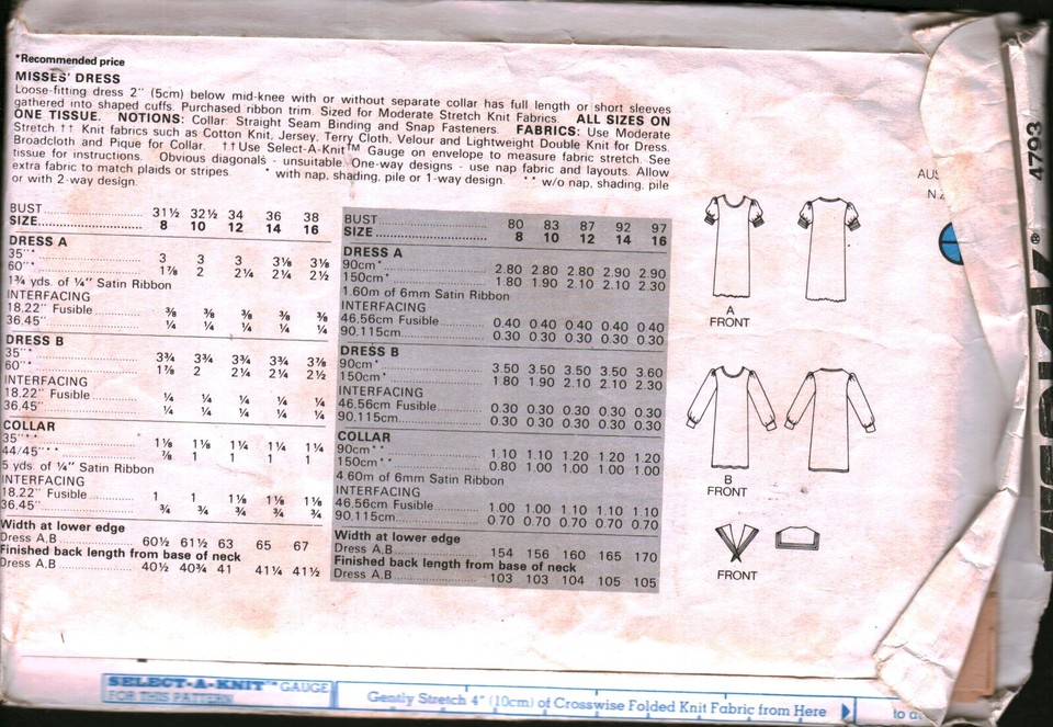 4793 Vintage Butterick SEWING Pattern Misses 1980s Loose Fitting Dress ...