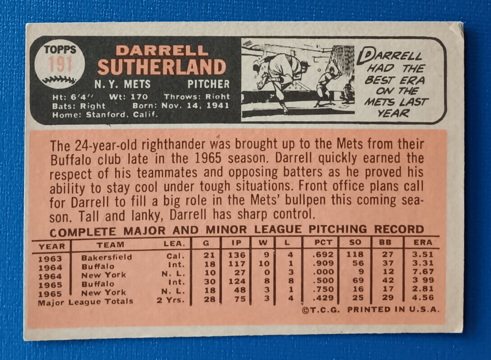 1966 Topps Baseball #191 Darrell Sutherland - New York Mets - EX+ | eBay