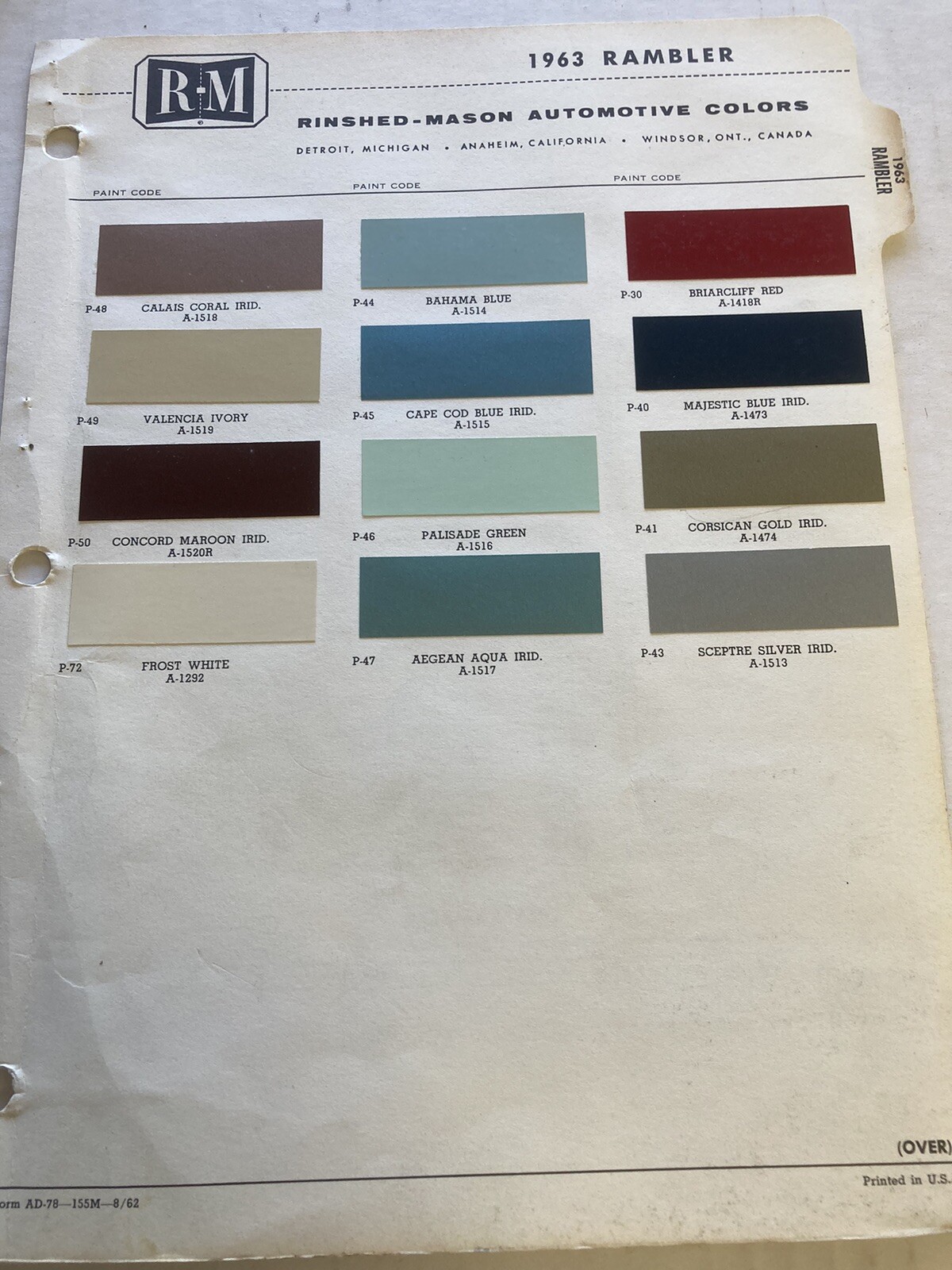 1963 RAMBLER R & M, Exterior Paint Color Chip Chart Sheet | eBay