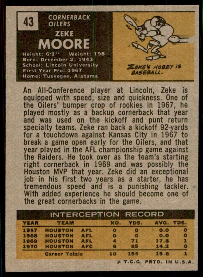 1971 Topps Zeke Moore Rookie Vintage Houston Oilers #43 | eBay