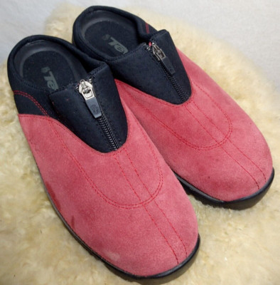 TEVA WOMENS CLOGS MULES SUEDE LEATHER W/ZIPPER FRONT SIZE 8 PINK -GOOD ...