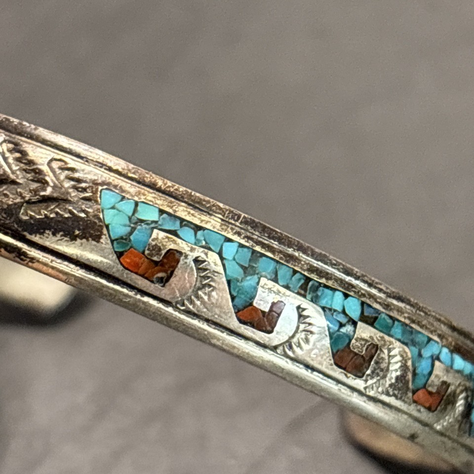 Nakai Navajo Chip Inlay Turquoise Coral Vintage Cuff Bracelet 6.25” 11g ...