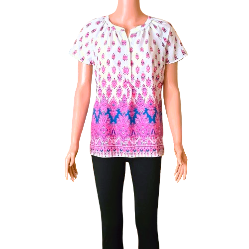 Talbots Floral Split Neck Top SP White Pink Blue Spring Blouse with ...