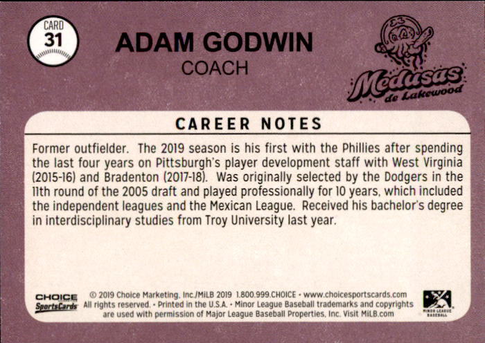 2019 Lakewood Medusas Choice #31 Adam Godwin Coach - NM Baseball Card ...