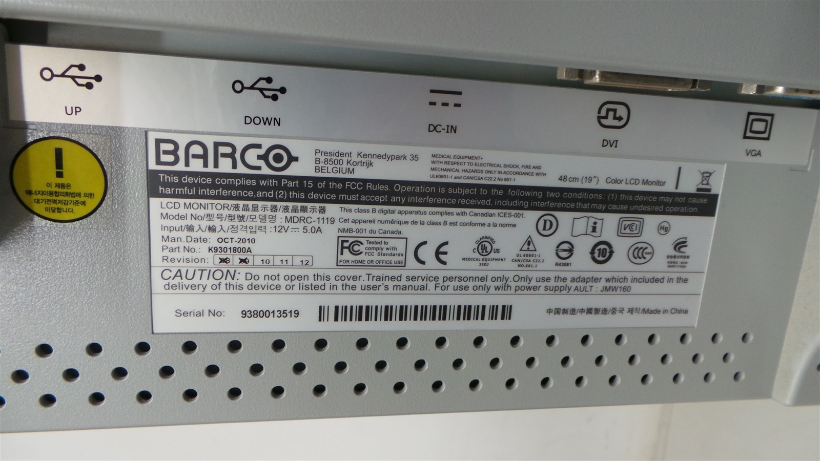 Barco MDRC-1119 Clinical Medical 19" Color LCD Monitor K9301800A 1300:1 ...