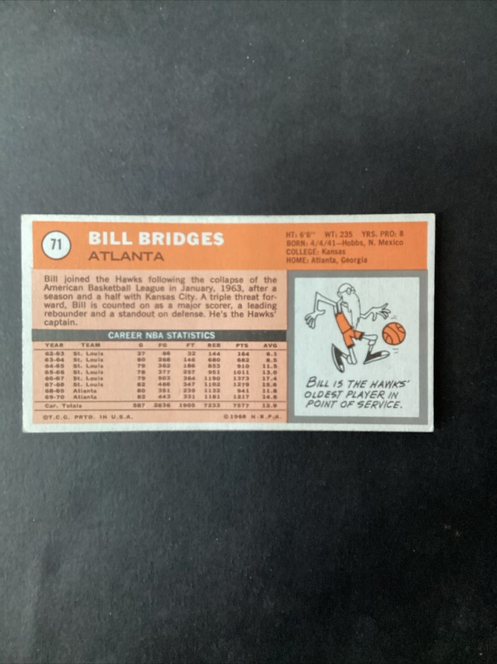1970-71 Topps Basketball 🏀 #70 Bill Bridges Atlanta Hawks NM (B) | eBay
