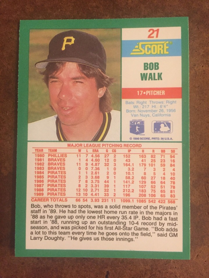 Bob Walk 21 Score 1990 MLB Baseball Trading Card | eBay