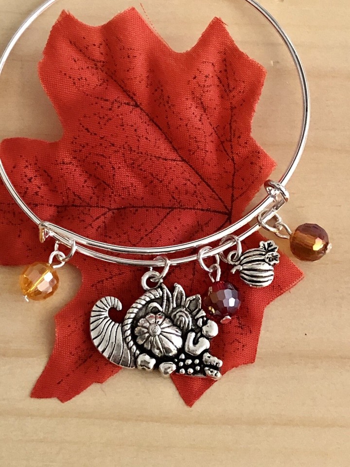 Thanksgiving Cornucopia & Pumpkin Fall Silver charm Expandable Bangle ...