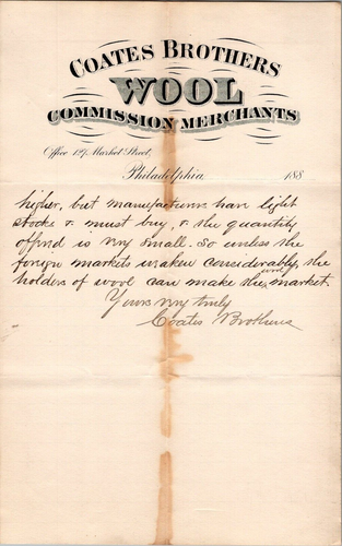1889 Coates Brothers WOOL Commission Merchants Billhead Philadelphia PA ...