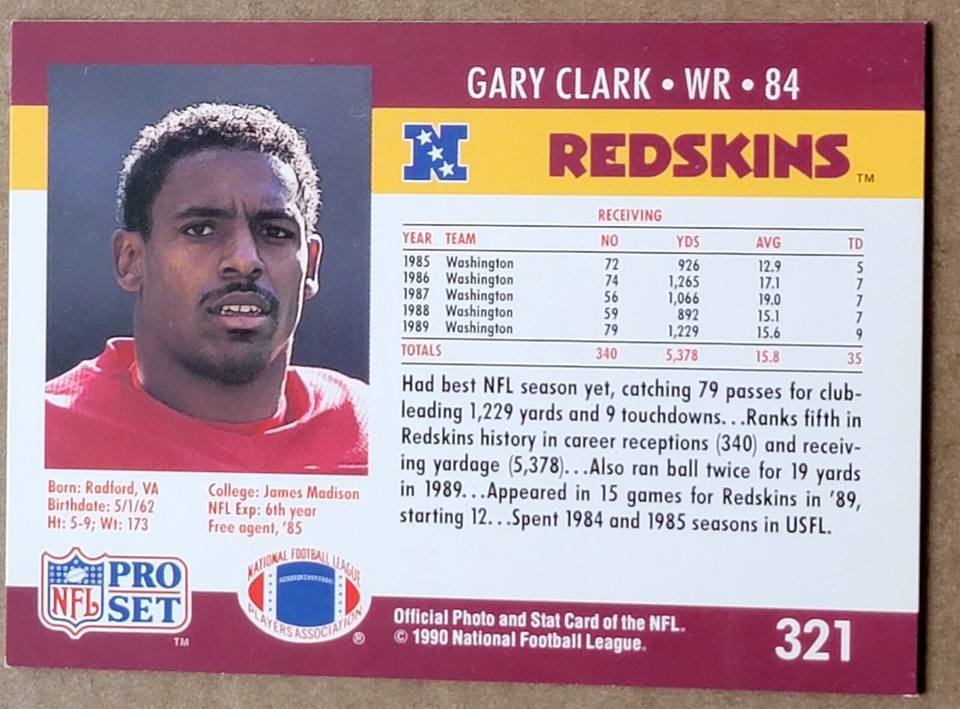 1990 Pro Set #321 Gary Clark Washington Redskins | eBay