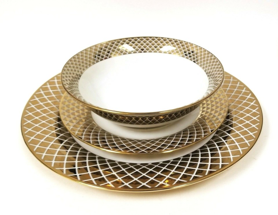 LUXE SET OF 4 PORCELAIN METALLIC GOLD DIAMOND PATTERN DINNER,SALAD ...