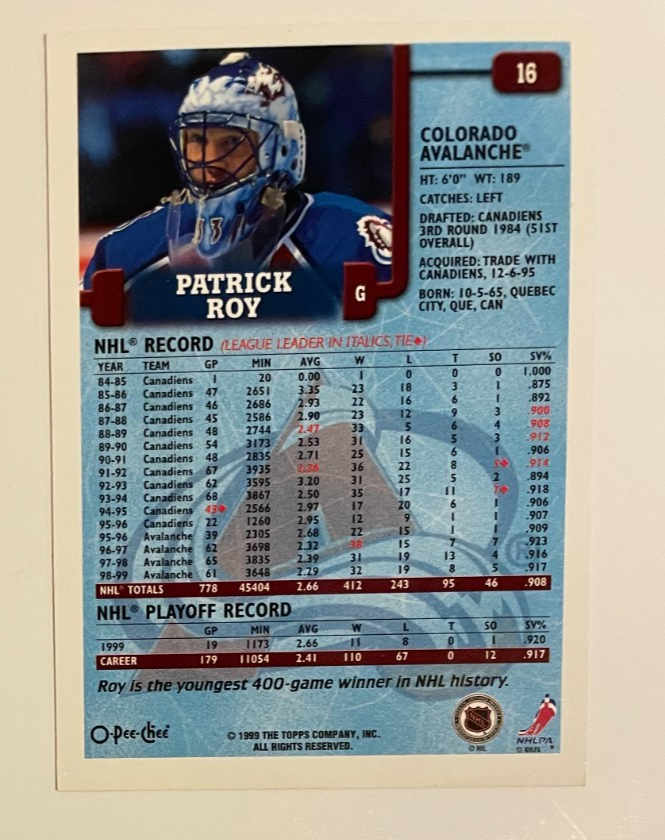 1999 Patrick Roy O-Pee-Chee #16 Colorado Avalanche Hall of Fame Stanley ...