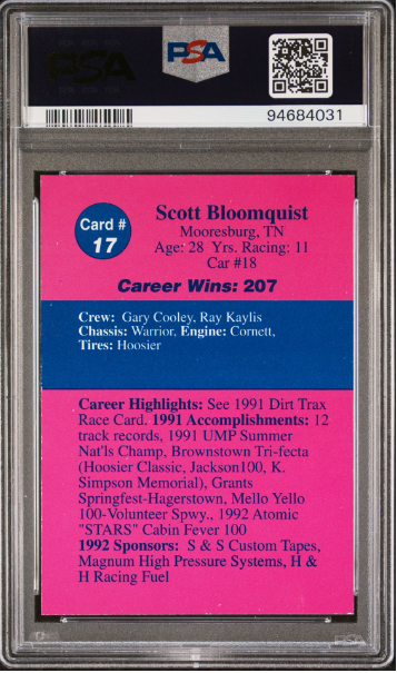 RARE! 1992 DIRT TRAX 17 SCOTT BLOOMQUIST Racing Card Graded PSA 8 | eBay