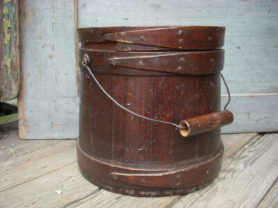 Antique 19th C FIRKIN Lidded Bucket Pail Lapped Bands Copper Tacks Bail ...