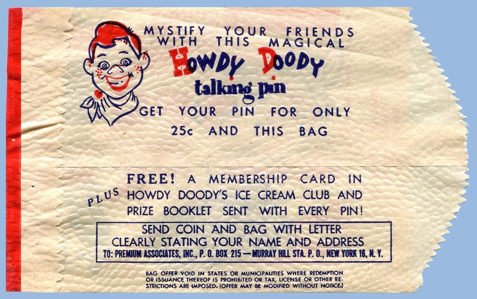 HOWDY DOODY FUDGE BAR WRAPPER - TALKING PIN PREMIUM OFFER - 1950's ...