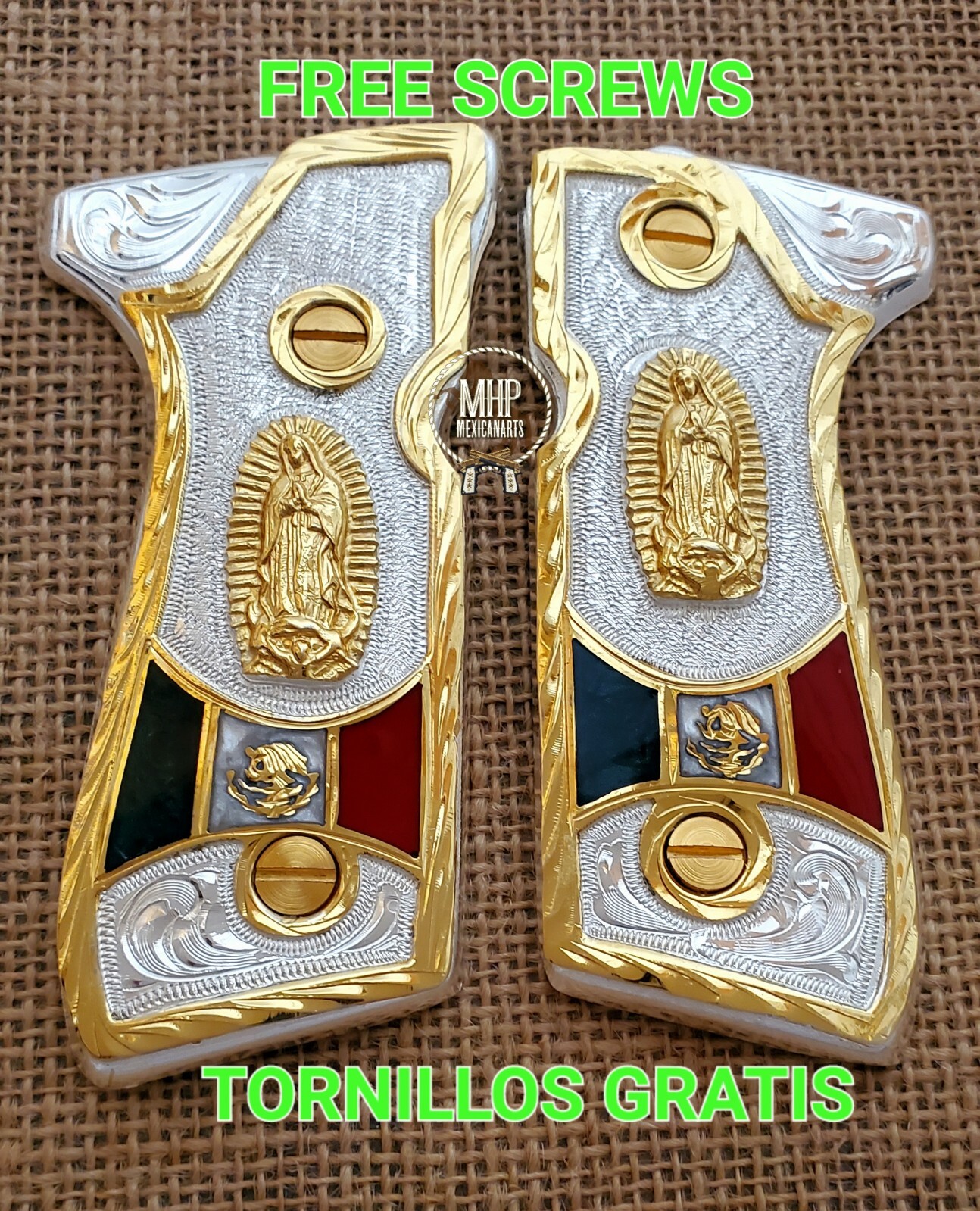Holy Virgin mary mexico flag Beretta 92fs 9mm gun pistol grips Cachas ...