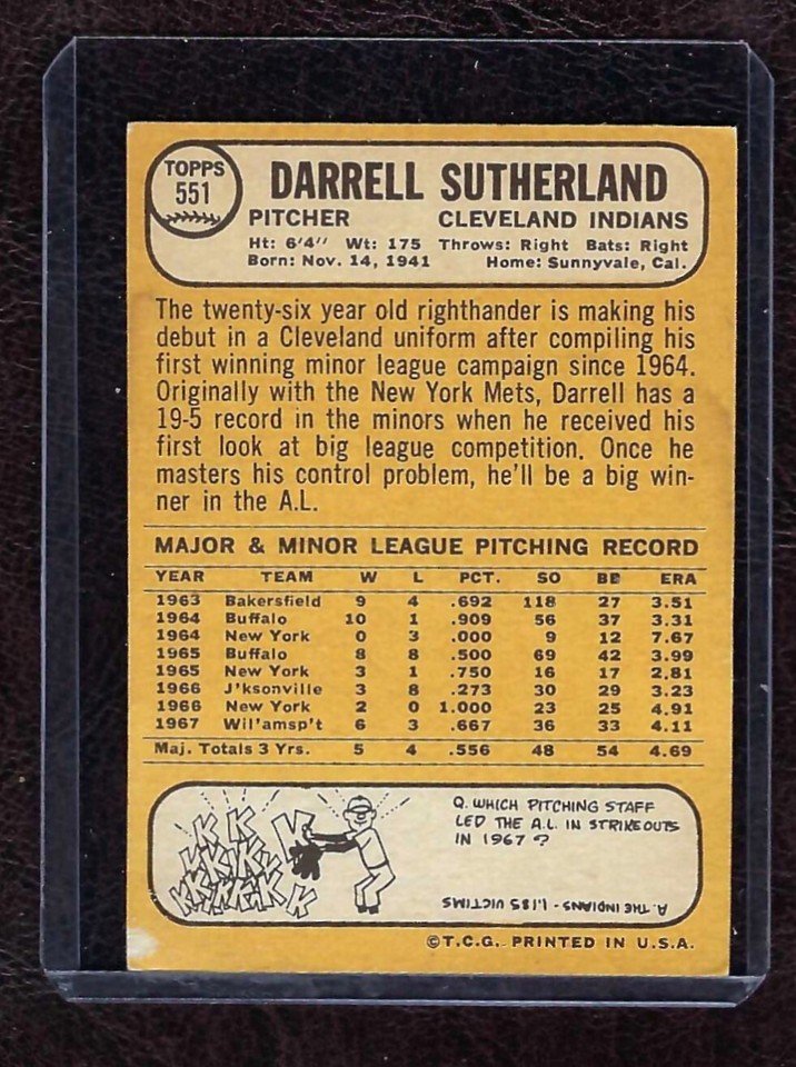 1968 Topps #551 Darrell Sutherland, Cleveland Indians, High Number, VG ...