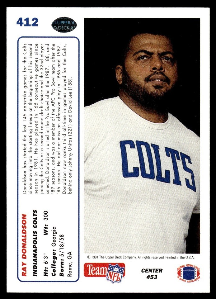 1991 Upper Deck Ray Donaldson Indianapolis Colts #412 | eBay