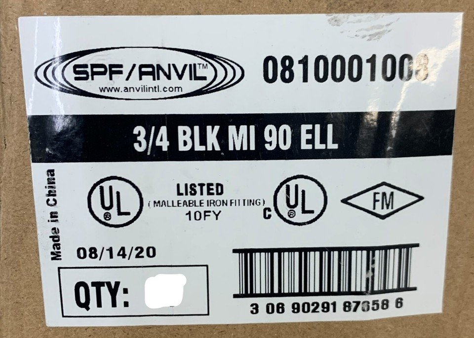 SPF ANVIL CHINA THREADED BLACK MALLEABLE IRON 10X 3/4" 90-DEGREE ELBOW ...