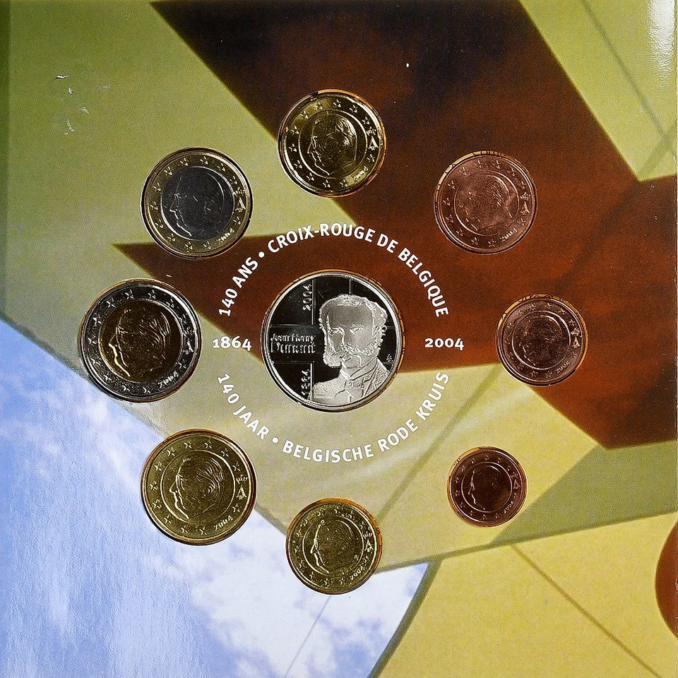 Belgien, Coffret 1c. à 2€ + jeton, 140 ans de La Croix Rouge, FDC, 2004 ...