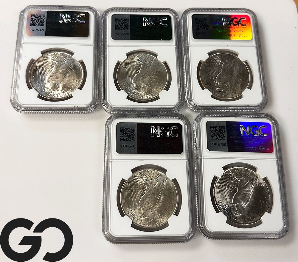 5-Coin Investor Lot, 1922 Silver Peace Dollar CAC MS 63 ** Cartwheel ...