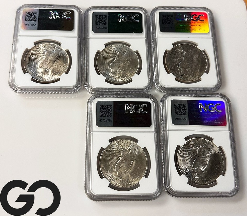 5-Coin Investor Lot, 1922 Silver Peace Dollar CAC MS 63 ** Cartwheel ...