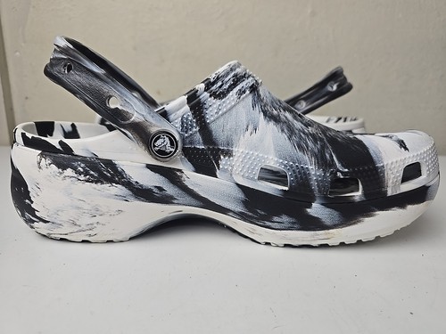 CROCS Iconic Comfort Clogs Womens 11 Black & White Marble Strap ...