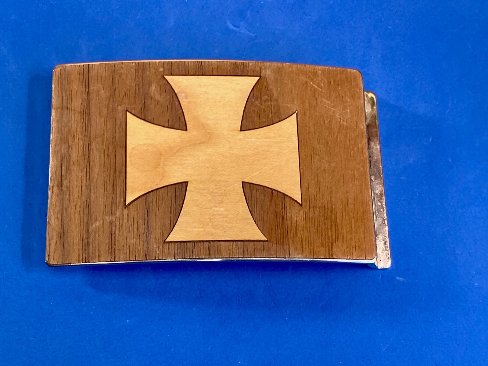 Vintage? Wood Layered Iron Cross Belt Buckle - Gem
