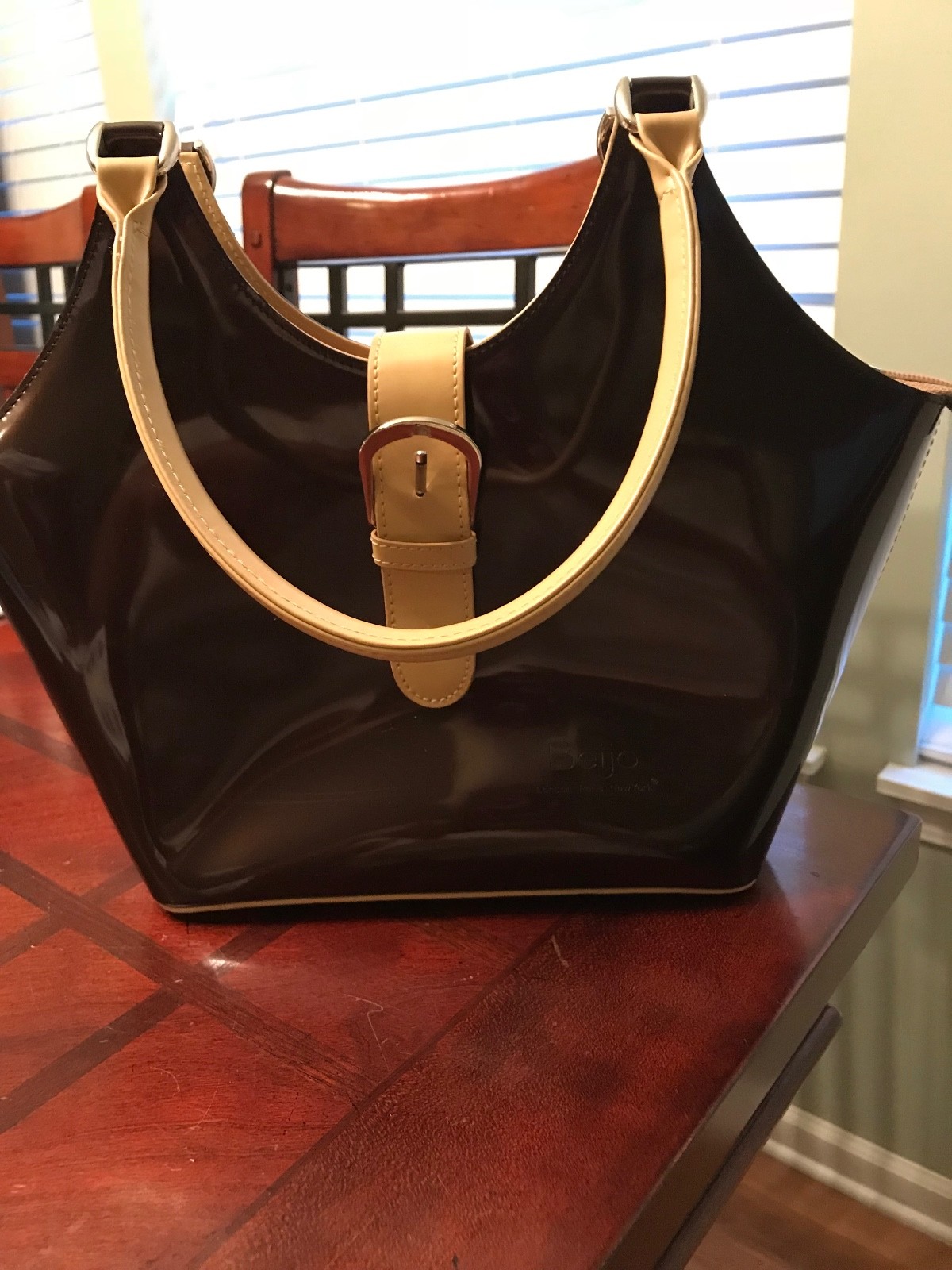 BEIJO Shiny Chocolate Brown, Tan Trim Dual-Handle Shoulder Bag Medium ...