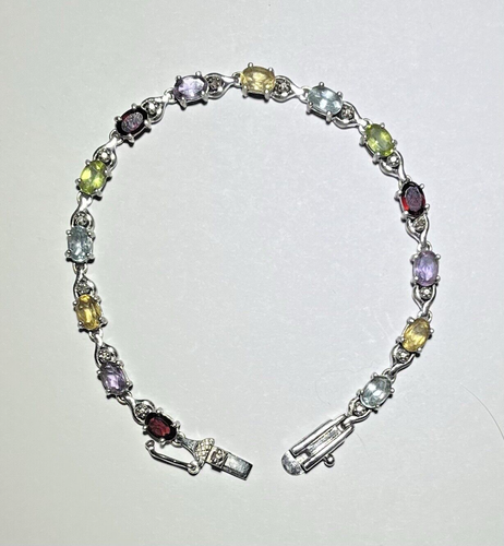 Sterling Silver Multi-Color 14 Gemstone Tennis Bracelet 8" FAS .925 | eBay