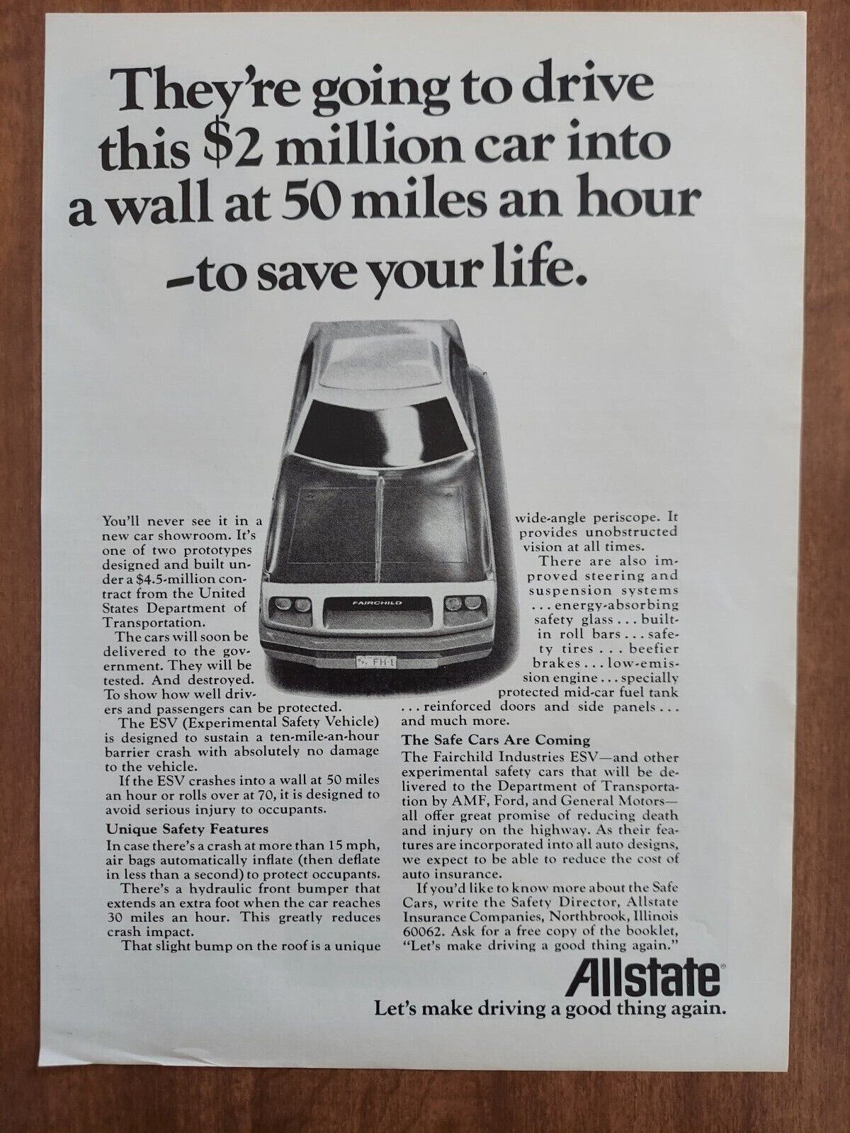 Allstate 1971 Vintage Print Ad Car Insurance Two Million Dollar Car | eBay