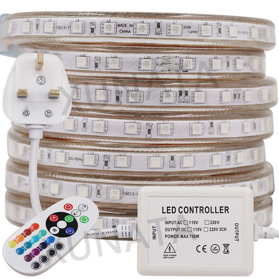 RGB LED Strip Lights 220V 240V 5050 SMD Rope Tape Waterproof IP67 UK ...