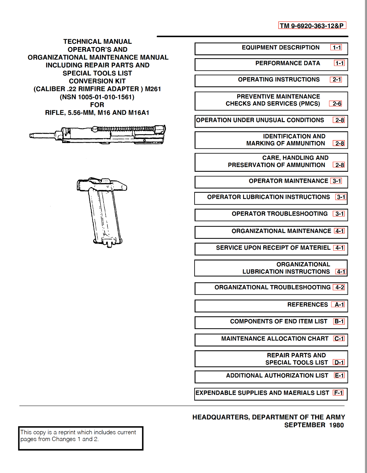 62 Page M16 & M16A1 Rifle Conversion Kit .22 Rimfire Adapter M26 TM ...