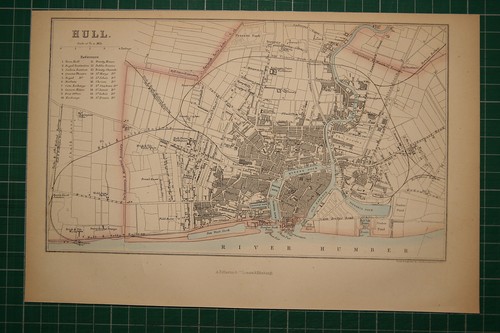1870 ANTIQUE MAP HULL CITY PLAN TOWN HALL STATIONS CHURCHES POST OFFICE ...